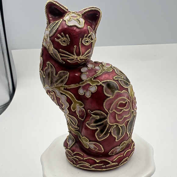Art | Vintage Cloisonn Cat Figurine Ornate Metal Enamel Floral Red Pink ...